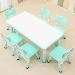 monleelnom children's table and chair set suitable for boys and girls age 2-12 height adjustable table top can be painted with 6 seats suitable for family learning daily use (mint green)