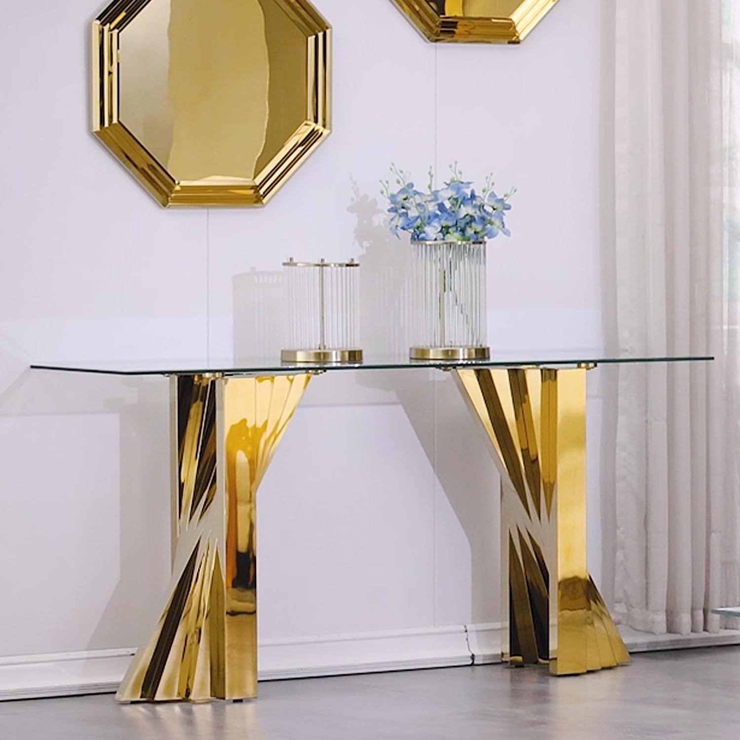 Anewsun 60" Gold Console Table, Gold Polished Sofa Table with Clear Glass Top, Glam Falcone Entryway Table for Living Room, Hallway, Entrance, Wall