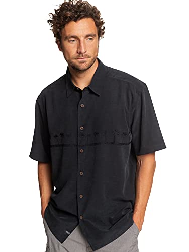 Quiksilver Waterman Men's Tahiti Palms 4 Button Up Floral Collared Shirt, Black, XL