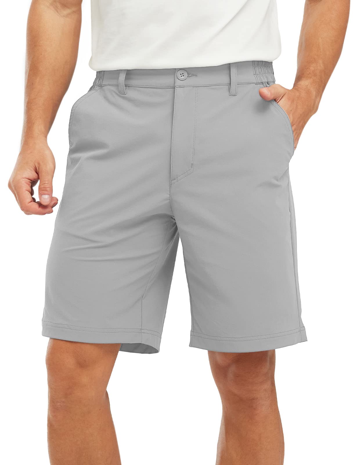 TBMPOY Men's Golf Shorts 9'' Elastic Waist Quick Dry for Flat Front Travel Casual Shorts with 5 Pockets(Light Grey,34)