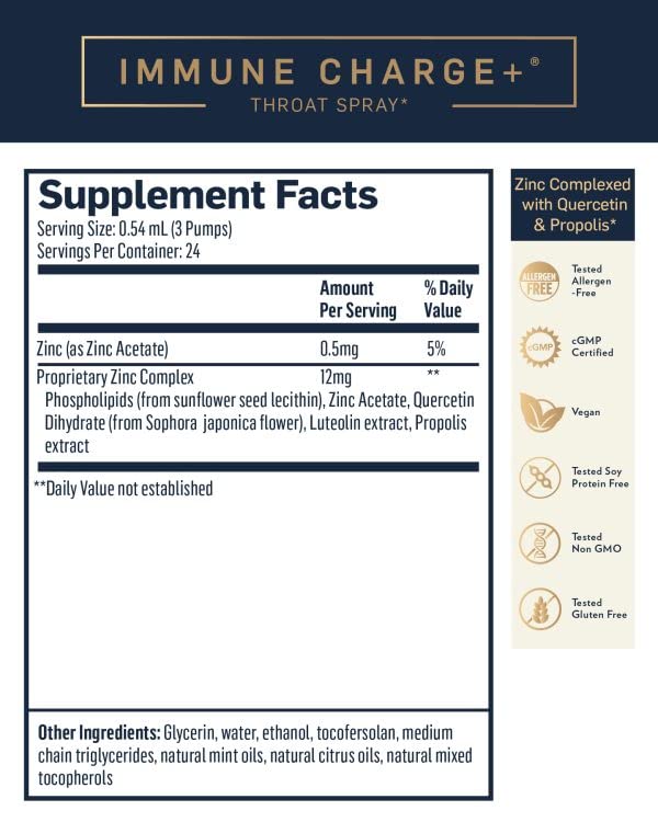 Quicksilver Scientific Immune Charge+ Zinc Throat Spray - Immune Support Liquid Zinc Supplement with Quercetin - 'Throat Coat' with Liposomal Absorption Technology (0.9 fl oz / 27ml)