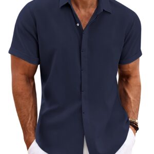 COOFANDY Men's Linen Shirts Short Sleeve Casual Button Down Shirt for Mens Summer Beach Yoga Shirt Navy Blue