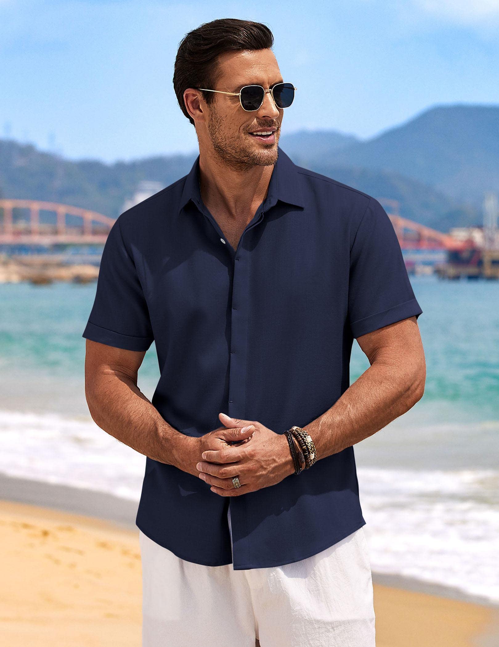 COOFANDY Men's Linen Shirts Short Sleeve Casual Button Down Shirt for Mens Summer Beach Yoga Shirt Navy Blue