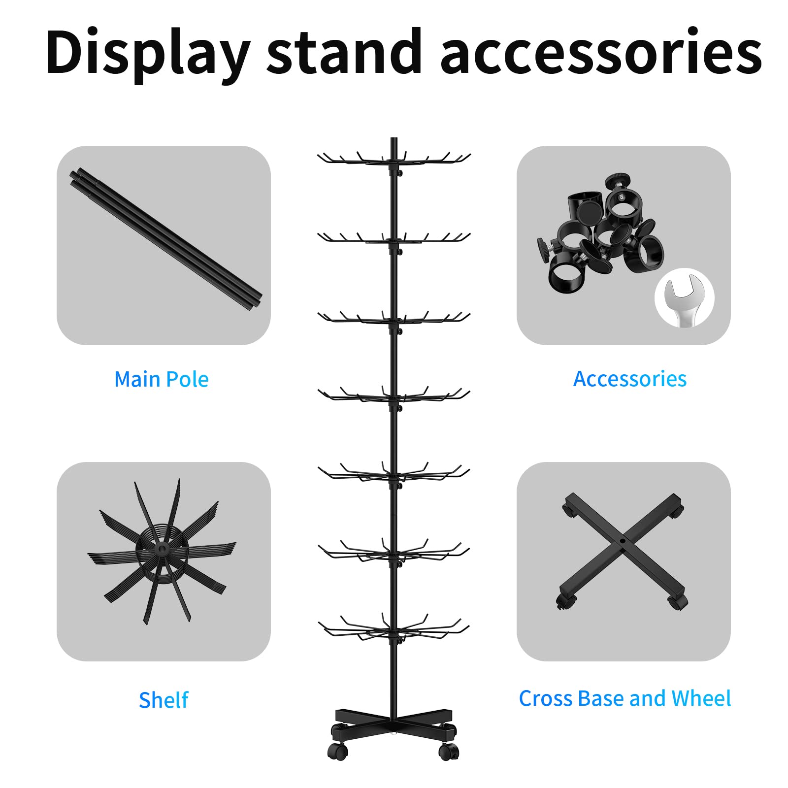 Hypergiant Retail Display Stand 7 Tier Rotating Rack For Store Display Shelves,Jewelry Keyring Socking Hats,Movable Shop Spinner for Toys Show ,Black,Adjustable height