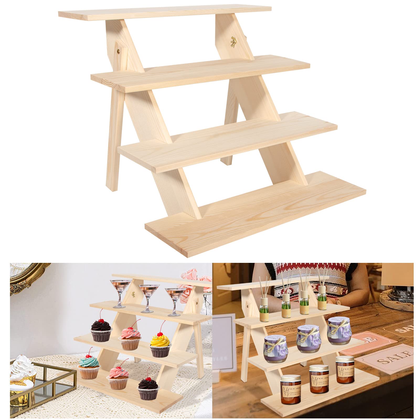 ZYP 4-Tier Wooden Retail Display Riser Wooden Display Stand Cupcake Stands Tool Free Rustic Risers Table Display Stand for Vendors Home Wedding Party