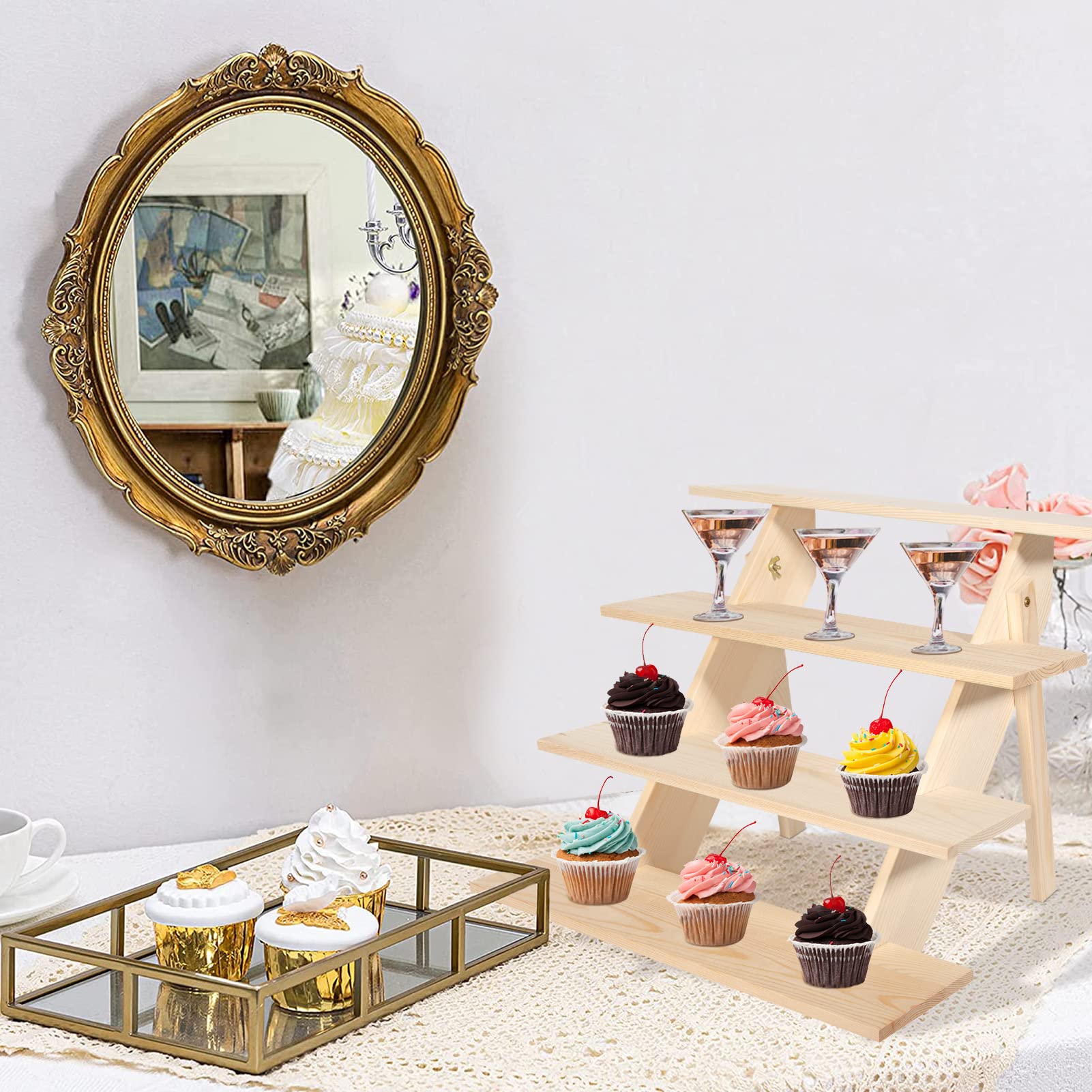 ZYP 4-Tier Wooden Retail Display Riser Wooden Display Stand Cupcake Stands Tool Free Rustic Risers Table Display Stand for Vendors Home Wedding Party