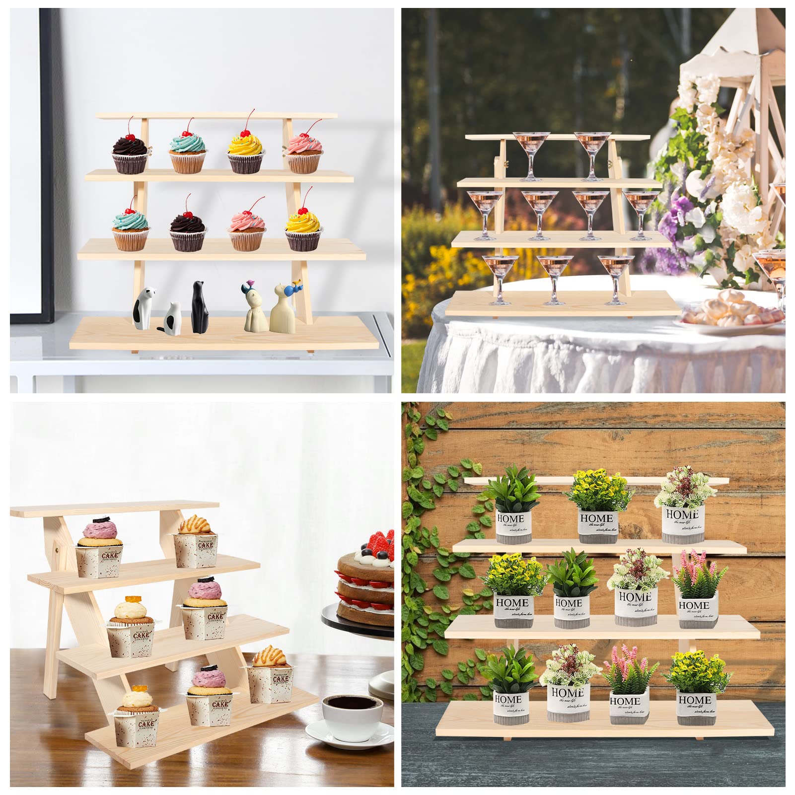 ZYP 4-Tier Wooden Retail Display Riser Wooden Display Stand Cupcake Stands Tool Free Rustic Risers Table Display Stand for Vendors Home Wedding Party