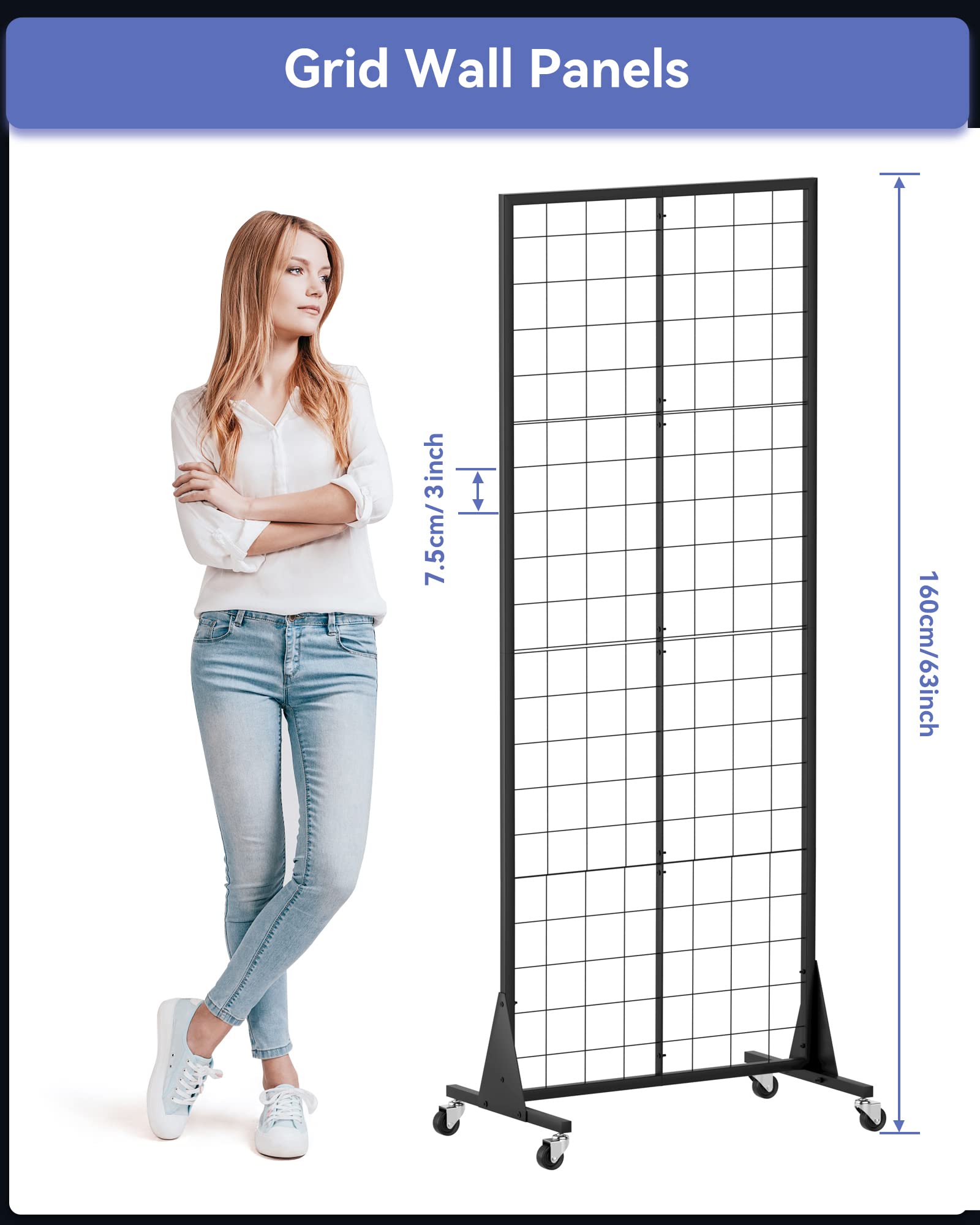 Blasinc Gridwall Panel Display Stand 2' x 5.5' Ft Heavy Movable Floorstanding Detachable Girdwall for Easy Transport, Standing Grid Towe Display Rack for Retail and Craft FairGrid Wall Panels