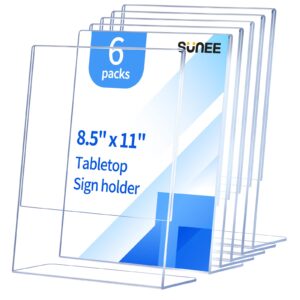 sunee 6 packs clear plastic sign holders for 8.5x11 paper, vertical l-shape frame for displaying signs and menus