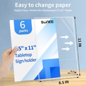 SUNEE 6 Packs Clear Plastic Sign Holders for 8.5x11 Paper, Vertical L-shape Frame for Displaying Signs and Menus