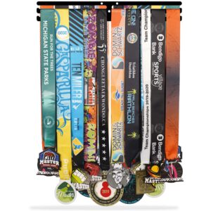 ibobbish sports marathon medal display hanger holder racks frame in matt black surface wall mount over 40 medals upgraded 3 lines with 3 screws easy to install easy to use