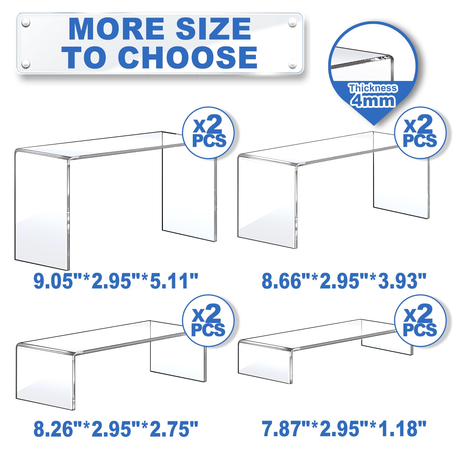 Aheroi Large Acrylic Risers, 8 Pcs 2 Set Acrylic Display Set Rectangular Stands Shelf Clear Display Risers for Decor, Cake and Funko Pop Shelves Retail Shoe Showcase(1-3-4-5IN)