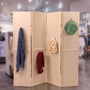 SSWBasics 5 Foot 4-Panel Folding Pegboard Display, Display Walls for Craft Shows, Privacy Screen Natural Wood Room Divider, Perfect for Trade Shows, Flea Markets, and Home Organization