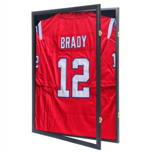 grintus jersey frame display case jersey display case jersey shadow box with 98% uv protection acrylic and hanger for baseball basketball football soccer hockey sport shirt and uniform,black finish