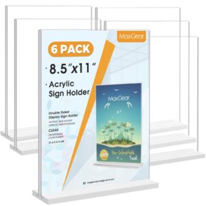 maxgear acrylic sign holder 8.5x11 6 pack, double sided clear table signs stand, vertical flyer holder, plastic sign frame display for picture, stores, restaurants, hotels, office t shape