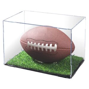 upgraded assemblable acrylic football display case- clear football storage box grandstand football showcase with artificial grass pad & black base & oval ball holder for sport lover football display