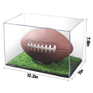 Upgraded Assemblable Acrylic Football Display Case- Clear Football Storage Box Grandstand Football Showcase with Artificial Grass Pad & Black Base & Oval Ball Holder for Sport Lover Football Display