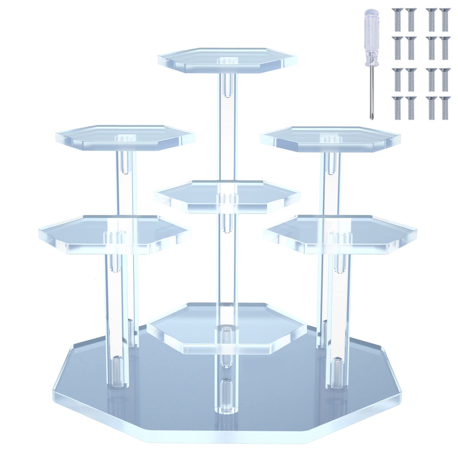 Acrylic Display Stand for Figures, Collectibles, Toys and Dolls, Jewelry, Action Figures Collection Organizer Holder, Cosmetic Items Display Risers, 7-Tier. (Clear)