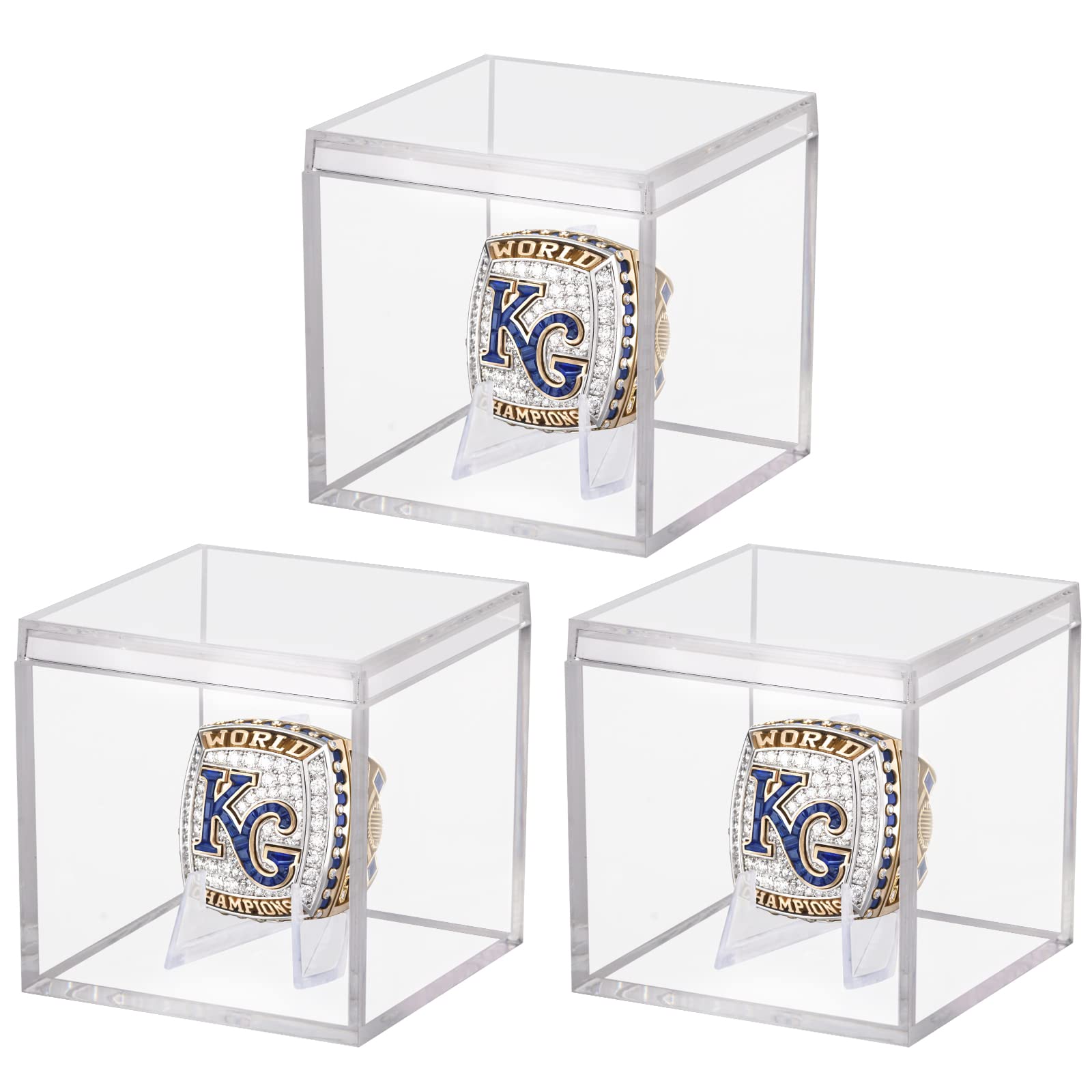 3 Pack Championship Ring Display Case Clear Acrylic Display Case Mini Baseball Softball Ring Display Case Single Ring Display Stand Holder 1 Slot Ring Hole Storage Box Gift for Sports Fans, 2.16 Inch