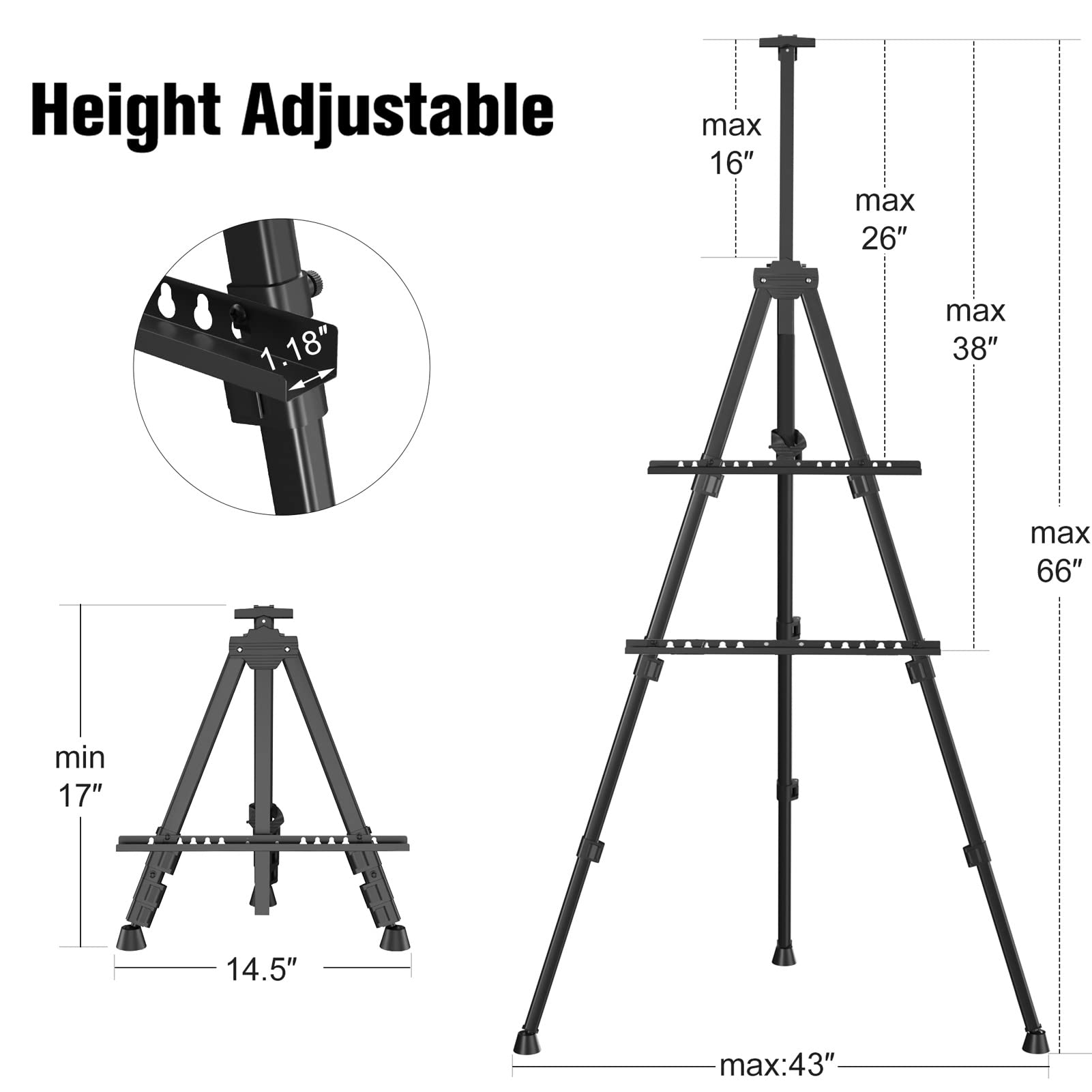 Art Painting Display Easel Stand - Portable Adjustable Aluminum Metal Tripod Artist Easel with Bag, Height from 17" to 66", Extra Sturdy for Table-Top/Floor Painting, Drawing, and Displaying, Black