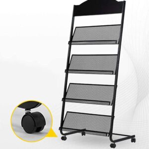 Yinghao Floor-Standing Magazine Rack, 4-Layer Iron Wheeled Newspaper Rack, Suitable for the Display of Brochures or Documents in Exhibitions, Shopping Malls, Hospitals, Offices (BLACK)