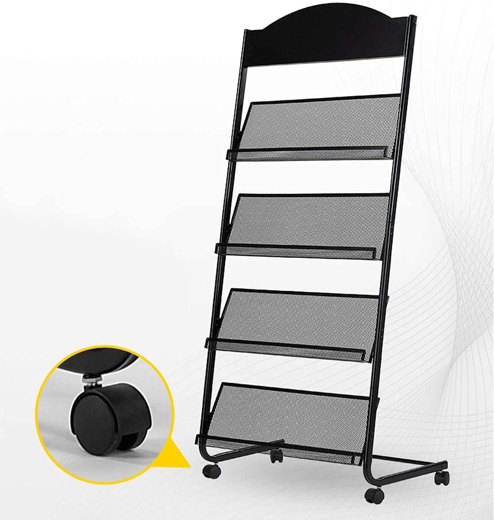 Yinghao Floor-Standing Magazine Rack, 4-Layer Iron Wheeled Newspaper Rack, Suitable for the Display of Brochures or Documents in Exhibitions, Shopping Malls, Hospitals, Offices (BLACK)