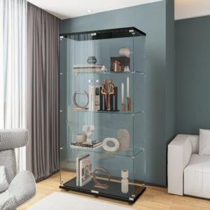 beauty4u glass display cabinet with 4 shelves, 2 doors curio cabinets for living room, bedroom, office, black floor standing glass bookshelf, quick installation