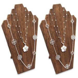 ikee design 2 pcs lightweight wooden necklace display bust easel jewelry display for shows, necklace display stand, jewelry display bust for 3 necklaces, brown color, 8.25 w x 1.13 d x 13 h in