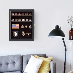 Verani Medals Display Case - Military Challenge Coin Display Shadow Box - Pin Display Cabinet with Removable Shelves and Pinnable Background for Badges Ribbons Insignia Buttons Small Black