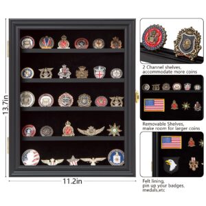 Verani Medals Display Case - Military Challenge Coin Display Shadow Box - Pin Display Cabinet with Removable Shelves and Pinnable Background for Badges Ribbons Insignia Buttons Small Black