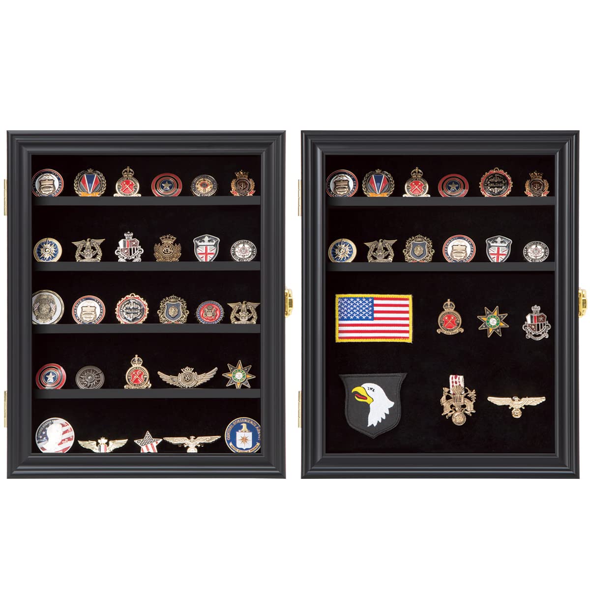 Verani Medals Display Case - Military Challenge Coin Display Shadow Box - Pin Display Cabinet with Removable Shelves and Pinnable Background for Badges Ribbons Insignia Buttons Small Black