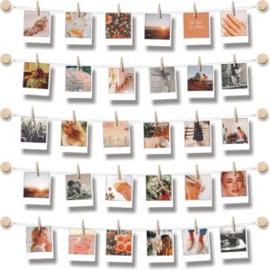 bizyac hanging photo display room wall decor - sculptural picture frames collage - 5 strings with 30 clips - 3m self adhesive hooks - no holes drilling - 30 x 30 inch