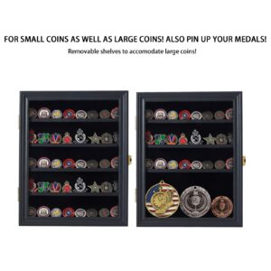 Jinchuan Military Challenge Coin Display Case Lockable Cabinet Rack Holder Shadow Box with Removable 2 Grooves Shelves and Anti Fade Acrylic Glass Door for Casino Poker Chips Collectibles Black