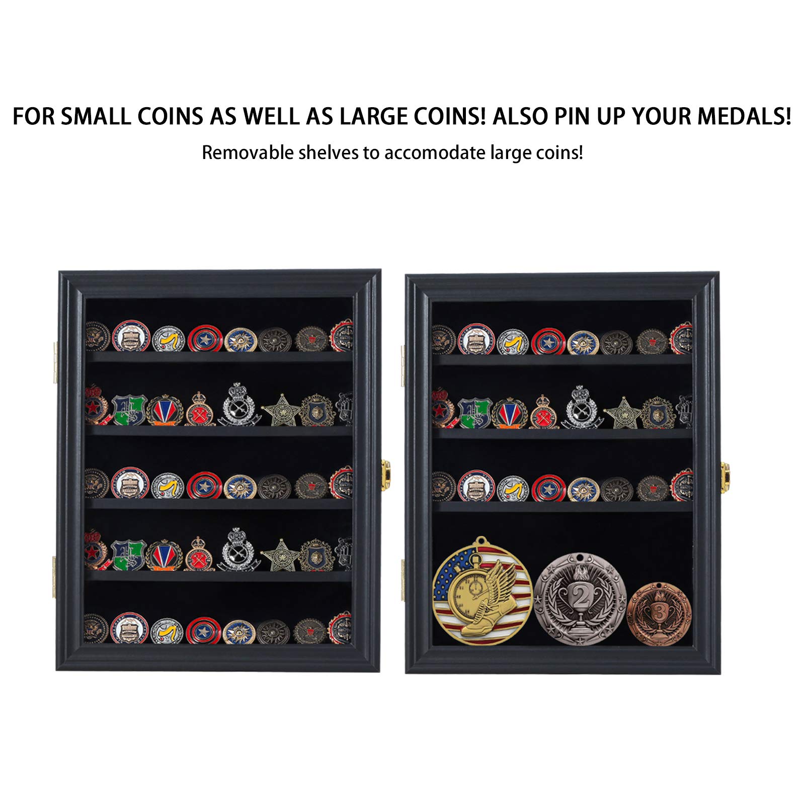 Jinchuan Military Challenge Coin Display Case Lockable Cabinet Rack Holder Shadow Box with Removable 2 Grooves Shelves and Anti Fade Acrylic Glass Door for Casino Poker Chips Collectibles Black