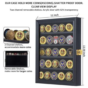 Jinchuan Military Challenge Coin Display Case Lockable Cabinet Rack Holder Shadow Box with Removable 2 Grooves Shelves and Anti Fade Acrylic Glass Door for Casino Poker Chips Collectibles Black