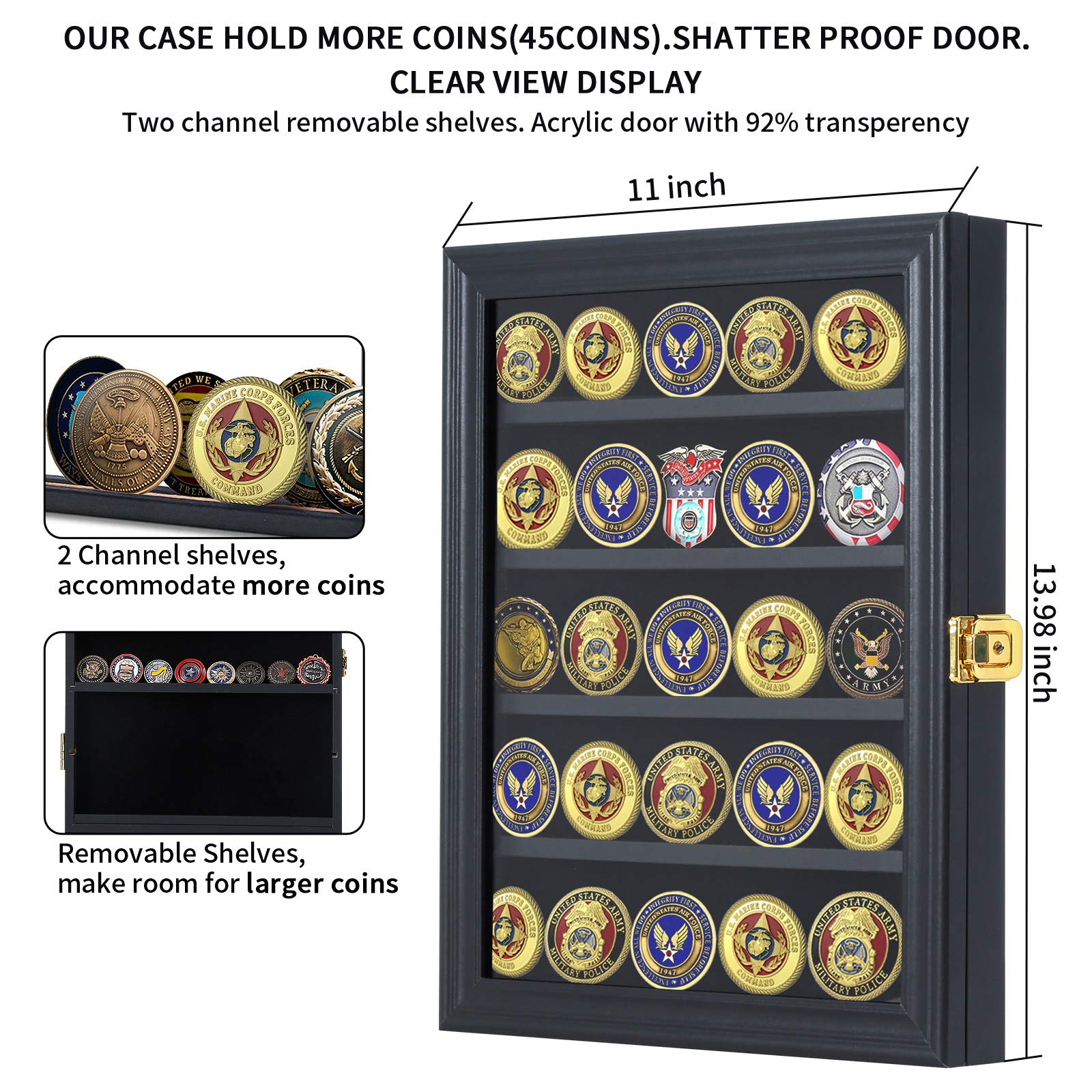 Jinchuan Military Challenge Coin Display Case Lockable Cabinet Rack Holder Shadow Box with Removable 2 Grooves Shelves and Anti Fade Acrylic Glass Door for Casino Poker Chips Collectibles Black