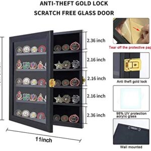 Jinchuan Military Challenge Coin Display Case Lockable Cabinet Rack Holder Shadow Box with Removable 2 Grooves Shelves and Anti Fade Acrylic Glass Door for Casino Poker Chips Collectibles Black