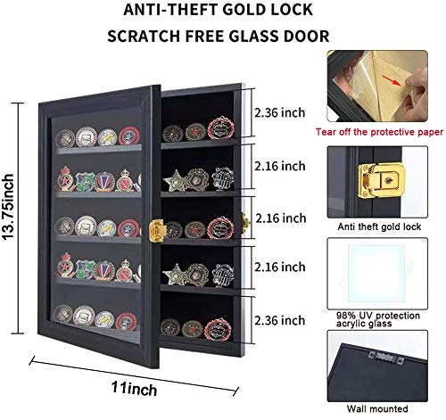 Jinchuan Military Challenge Coin Display Case Lockable Cabinet Rack Holder Shadow Box with Removable 2 Grooves Shelves and Anti Fade Acrylic Glass Door for Casino Poker Chips Collectibles Black