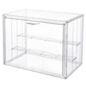 attelite clear acrylic display case,3 tier display shelf with 2 movable plate, stackable protection showcase for action figures, display storage box countertop with magnetic door