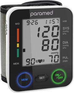 paramed automatic wrist blood pressure monitor: blood-pressure kit of bp cuff + 2aaa and carrying case - irregular heartbeat detector & 90 readings memory function & large display