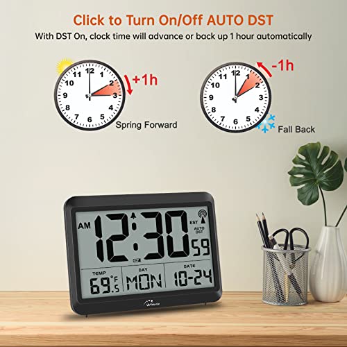 WallarGe Atomic Clock Battery Operated - Large Display Digital Alarm Clock with Seconds and Indoor Temeperature, 4 Time Zones, DST