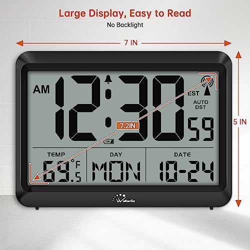 WallarGe Atomic Clock Battery Operated - Large Display Digital Alarm Clock with Seconds and Indoor Temeperature, 4 Time Zones, DST