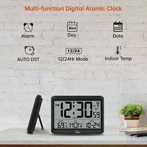 WallarGe Atomic Clock Battery Operated - Large Display Digital Alarm Clock with Seconds and Indoor Temeperature, 4 Time Zones, DST