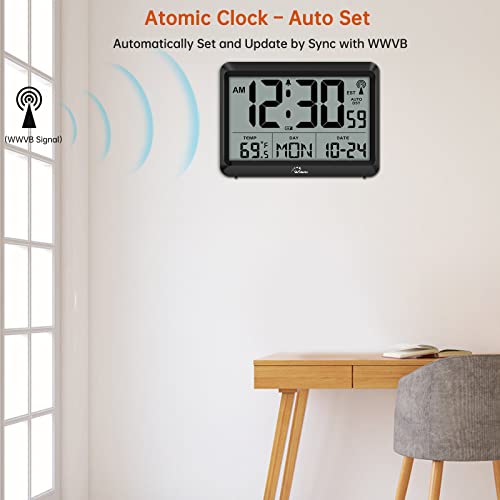 WallarGe Atomic Clock Battery Operated - Large Display Digital Alarm Clock with Seconds and Indoor Temeperature, 4 Time Zones, DST