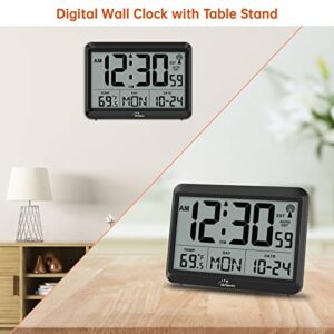 WallarGe Atomic Clock Battery Operated - Large Display Digital Alarm Clock with Seconds and Indoor Temeperature, 4 Time Zones, DST