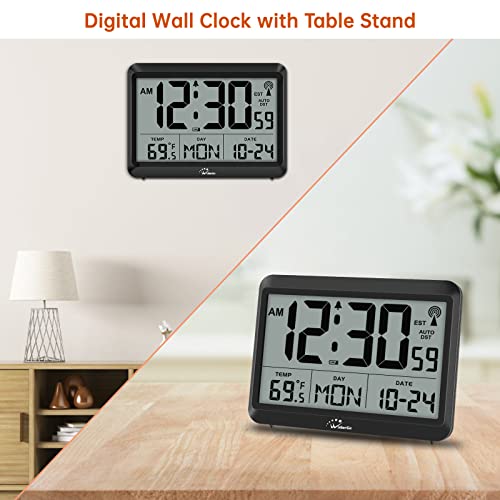 WallarGe Atomic Clock Battery Operated - Large Display Digital Alarm Clock with Seconds and Indoor Temeperature, 4 Time Zones, DST