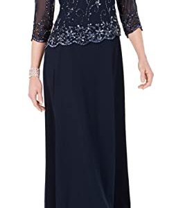 J Kara Women's Beaded Scallop Bodice Asymmetrical Gown, Navy/Mercury/Gun, 8