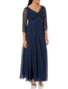 j kara women's 3/4 sleeve v-neck beaded top long gown, navy/mercury, 14