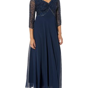 J Kara Women's 3/4 Sleeve V-Neck Beaded Top Long Gown, Navy/Mercury, 14