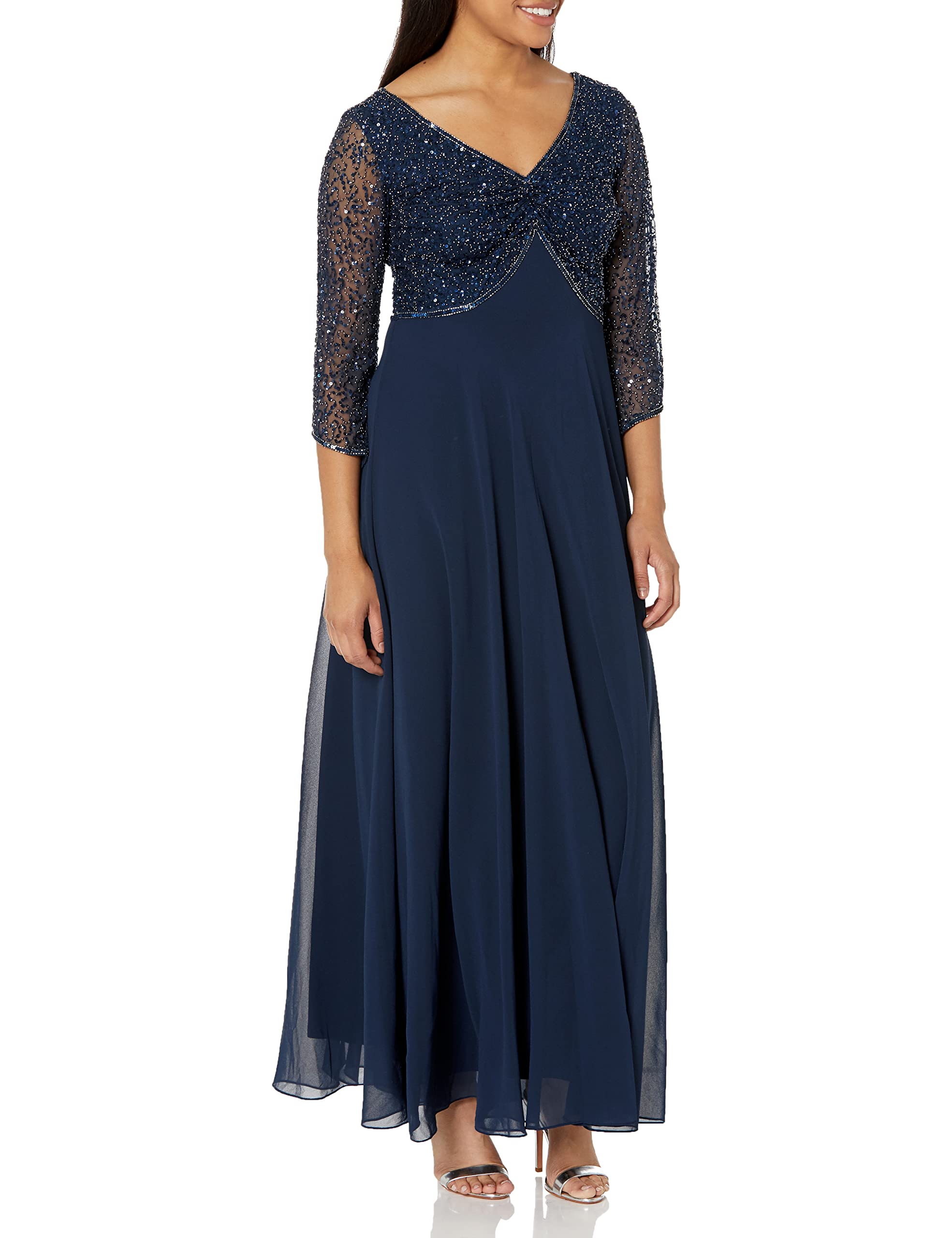 J Kara Women's 3/4 Sleeve V-Neck Beaded Top Long Gown, Navy/Mercury, 14